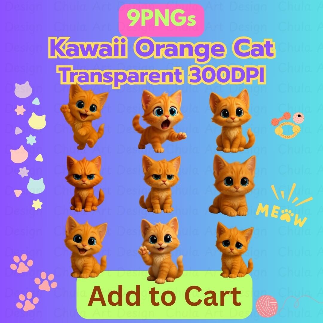 Playful Orange Cat PNG Clipart Bundle: Kawaii Kitten Stickers - Etsy
