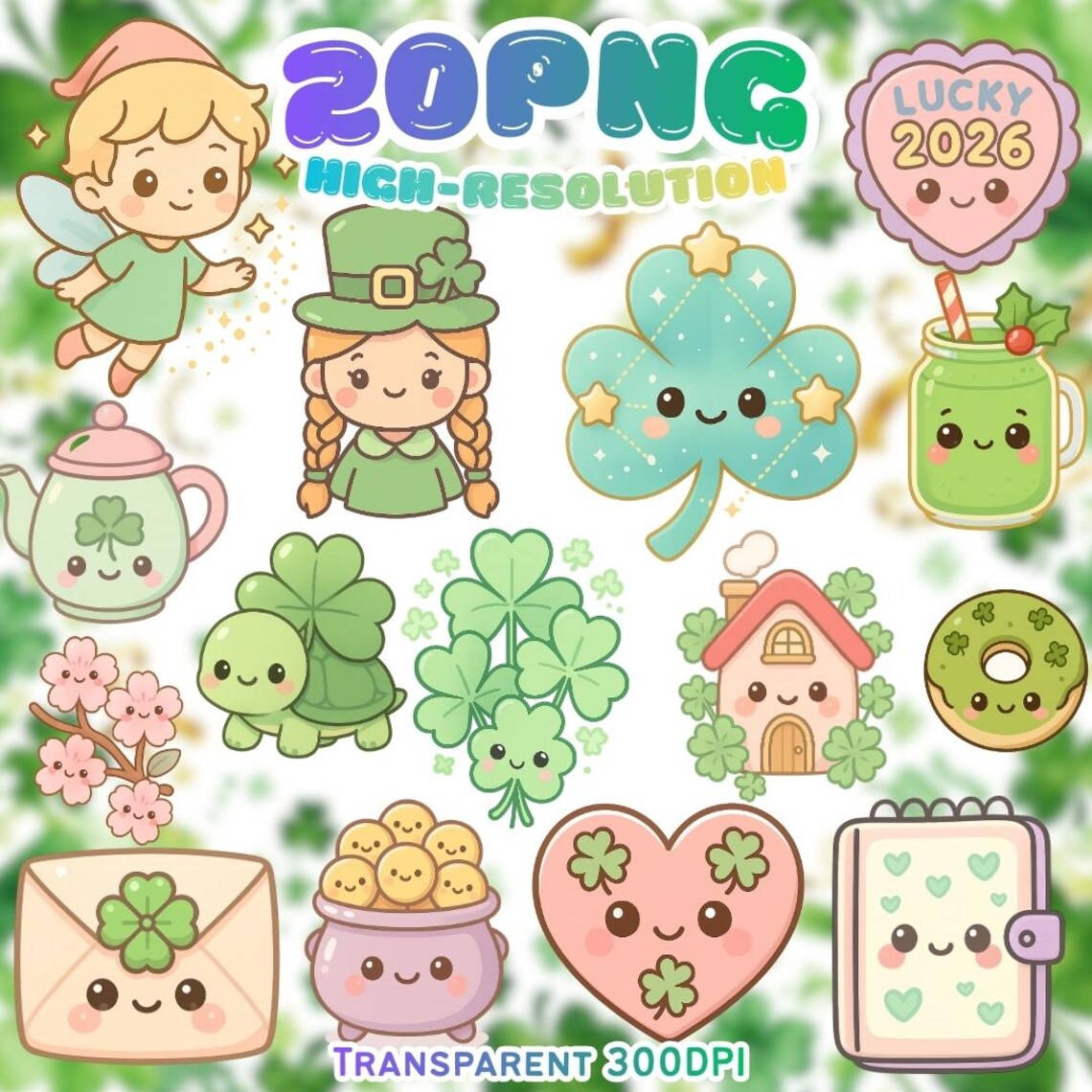 Kawaii Lucky Clover Stickers PNG, Pastel St. Patrick's Day Clipart ...