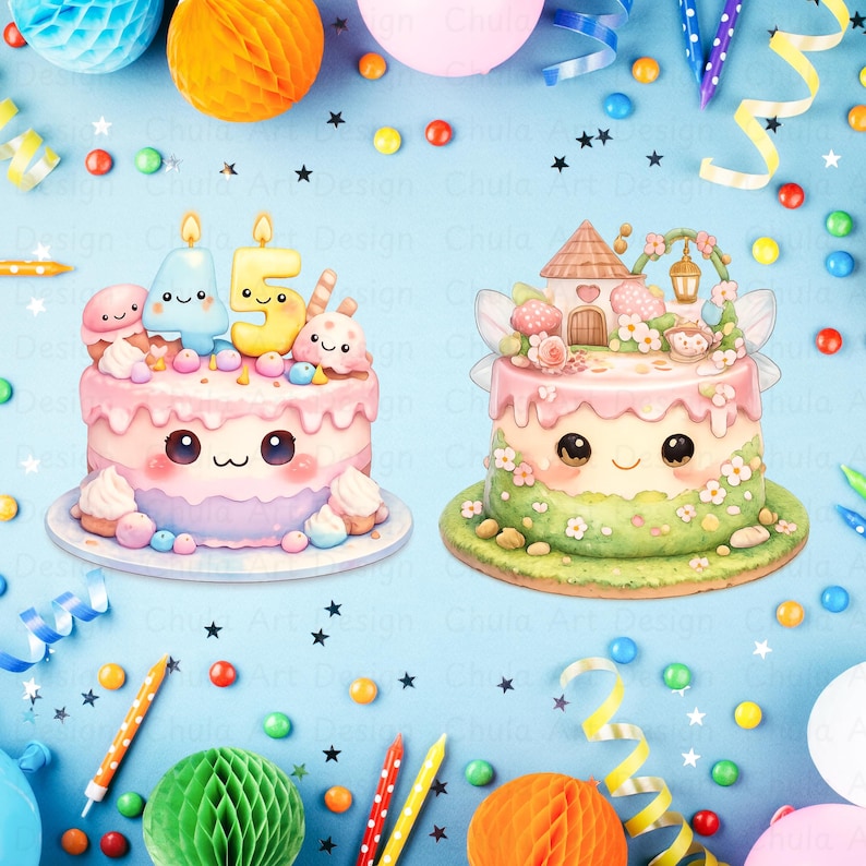Kawaii Dreamy Cakes Clipart: Watercolor Birthday Dessert PNG (digital ...