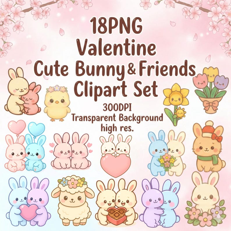 Valentine Bunny Clipart Set, Kawaii Pastel Animal Illustrations (PNG ...