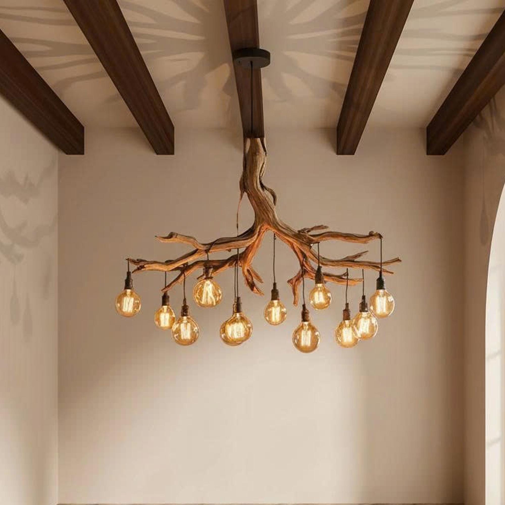 Driftwood Chandelier Tree Branch Ceiling Light Pendant Wood Lamp Haning ...