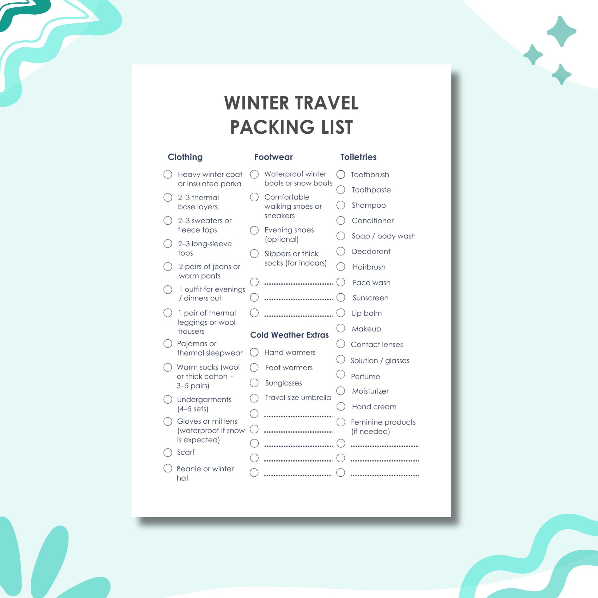 Winter Travel Packing List: Cold Weather Vacation Checklist (digital ...