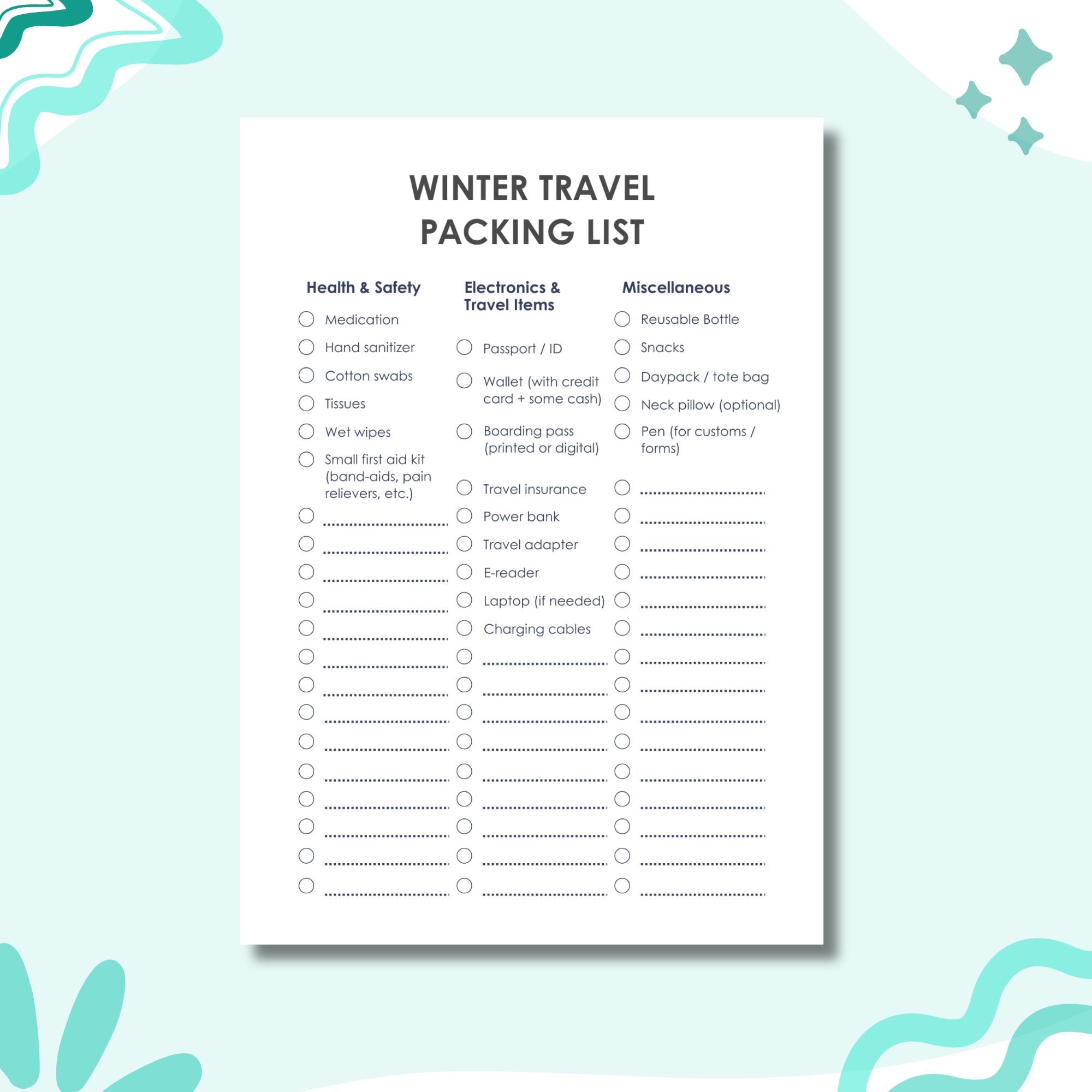 Winter Travel Packing List: Cold Weather Vacation Checklist (digital ...