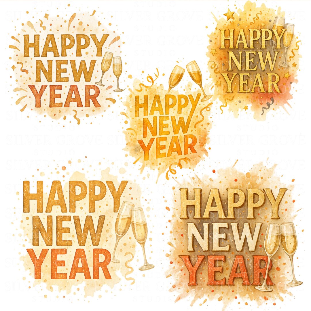 Happy New Year Clipart Bundle | Festive Watercolor Pngs With Champagne ...