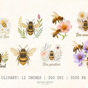 Watercolor Bee Clipart Bundle: Bumblebee & Flower Pngs (instant ...