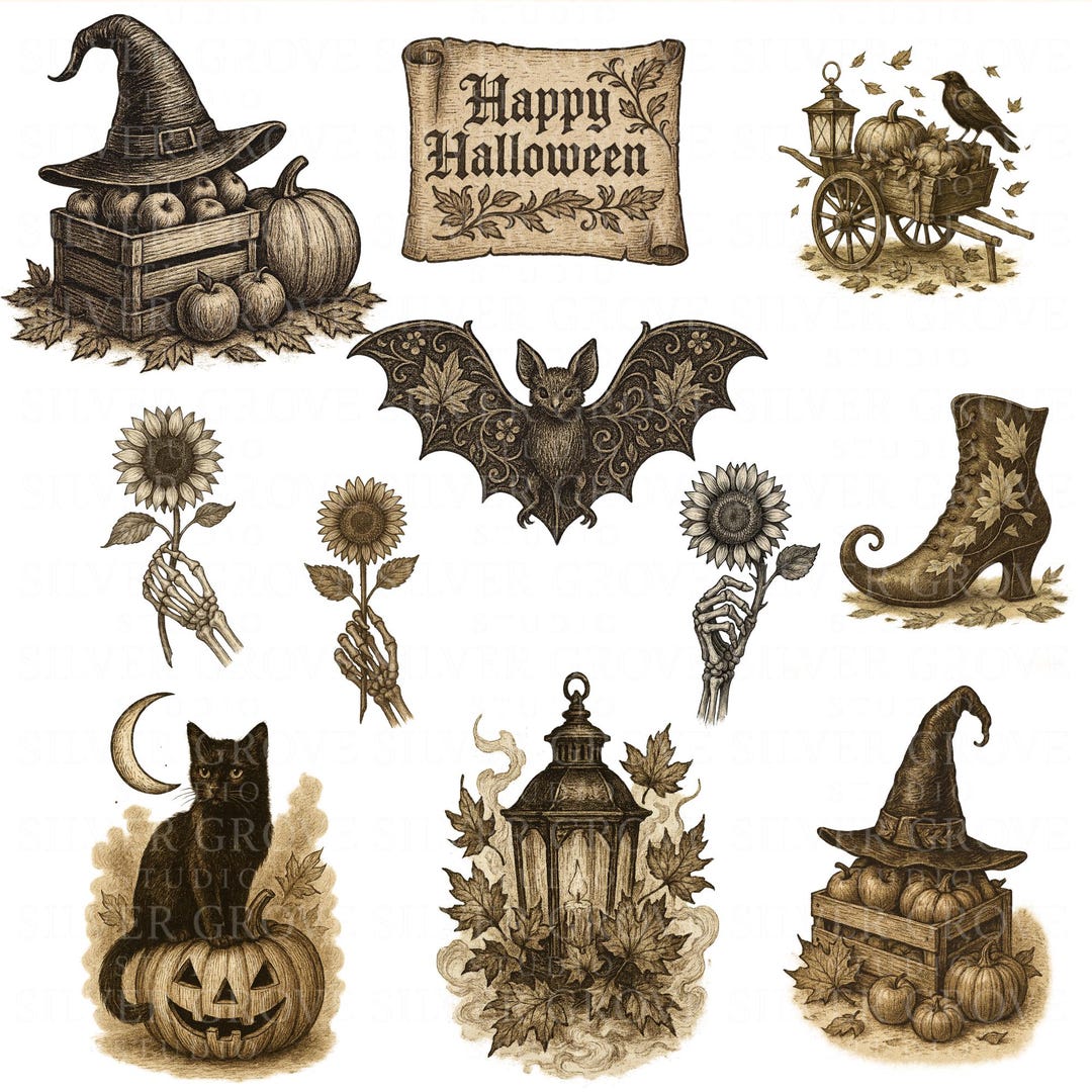 Vintage Gothic Halloween Clipart: Witch, Pumpkin, Bat PNG Bundle ...