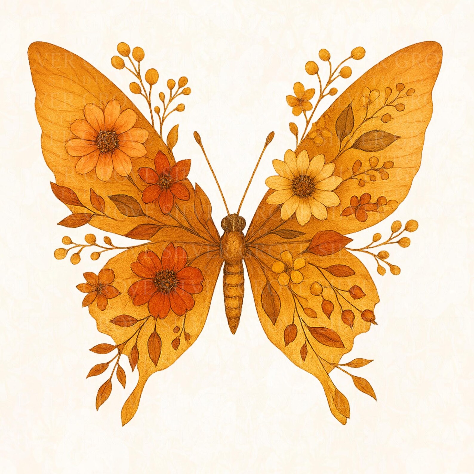 Fall Butterfly Clipart: Watercolor Autumn Floral Wings (digital ...