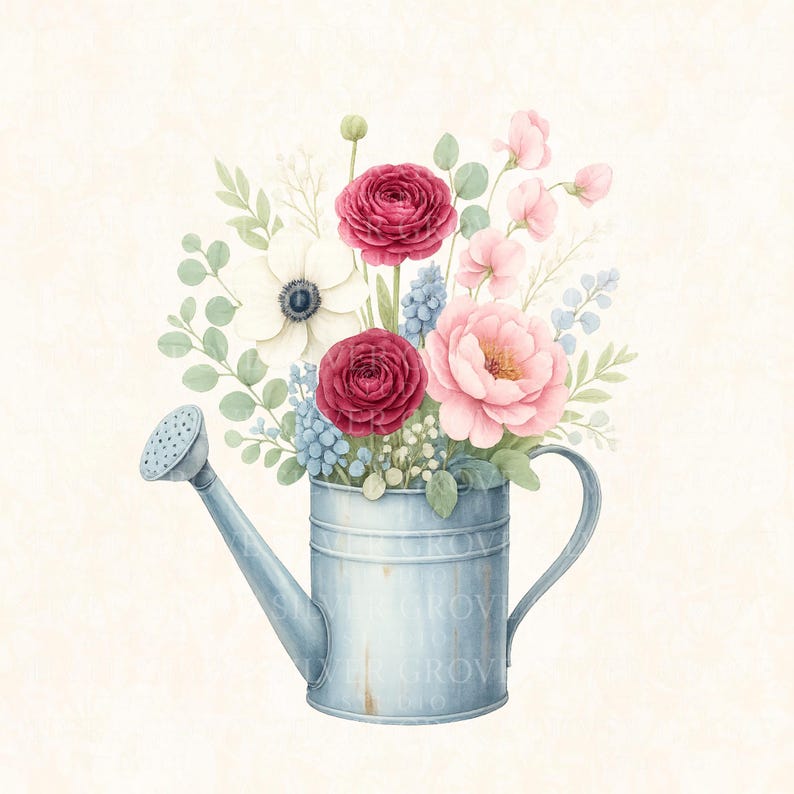 Watering Can Clipart Bundle | Watercolor Floral Pngs for Spring Crafts ...