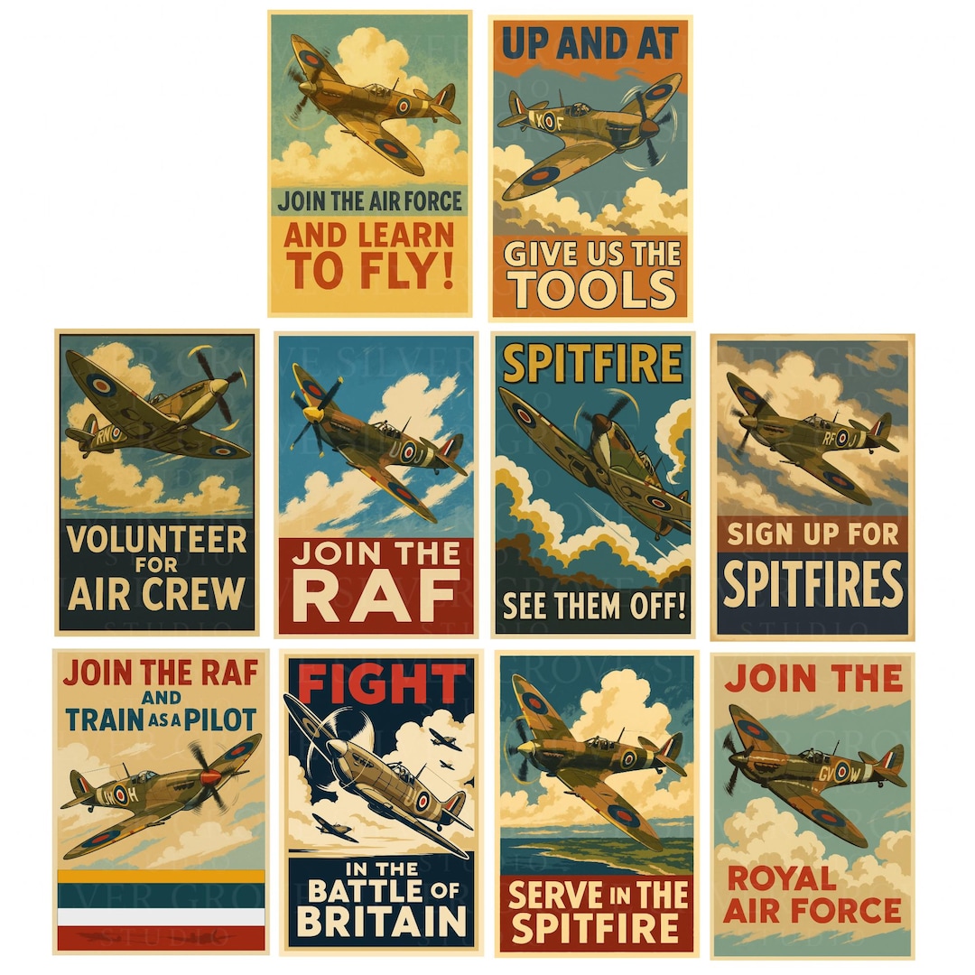 WW2 RAF Spitfire Poster Set: Vintage Pilot Propaganda Art (digital ...
