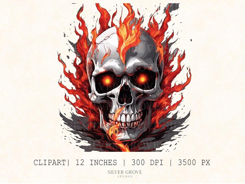 Flaming Skull Clipart: Gothic Fire Skull Illustration (digital Download ...