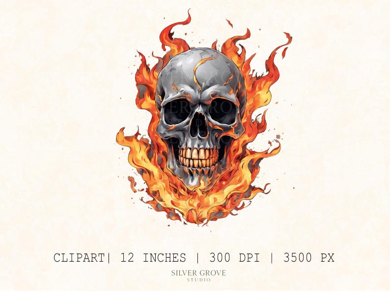 Flaming Skull Clipart: Gothic Fire Skull Illustration (digital Download ...
