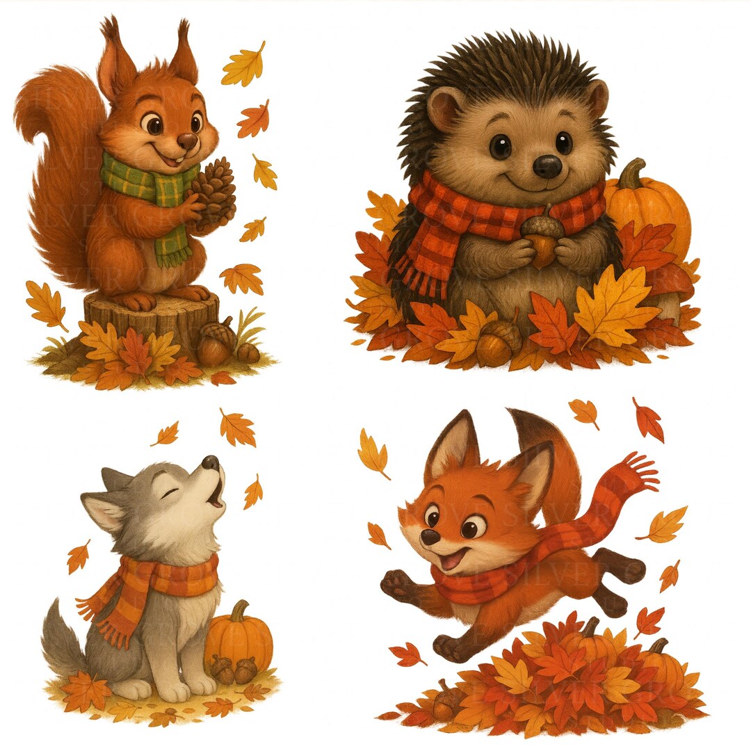 Autumn Woodland Animals Clipart | Cute Fox Squirrel Hedgehog Wolf PNG ...