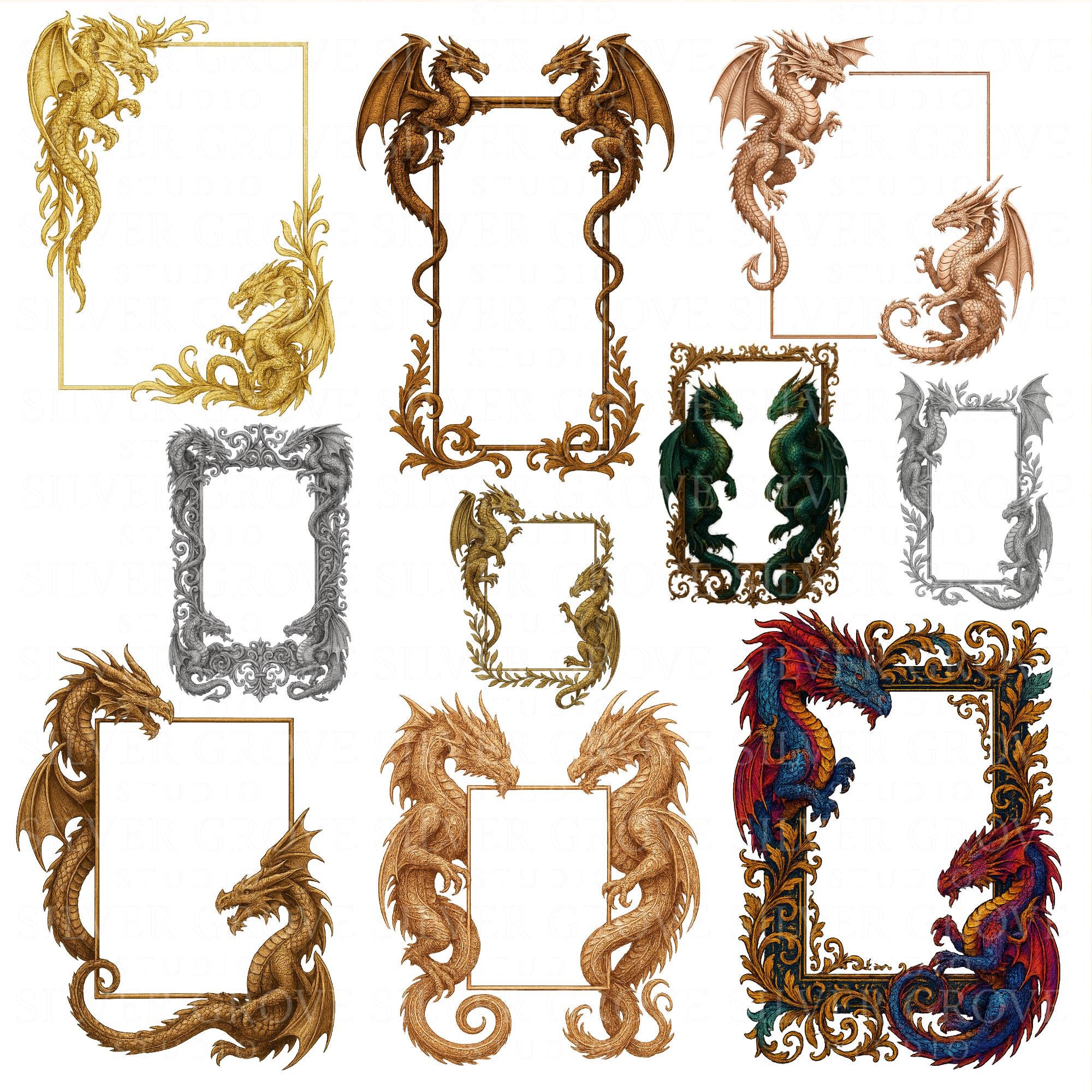 10 Dragon Frame Clipart Bundle, Fantasy Medieval PNG Set, Gothic Ornate ...
