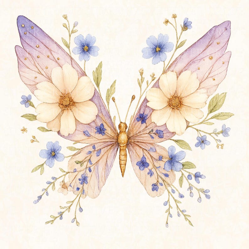 Pastel Butterfly Clipart: Watercolor Floral Wings PNG (digital Download ...