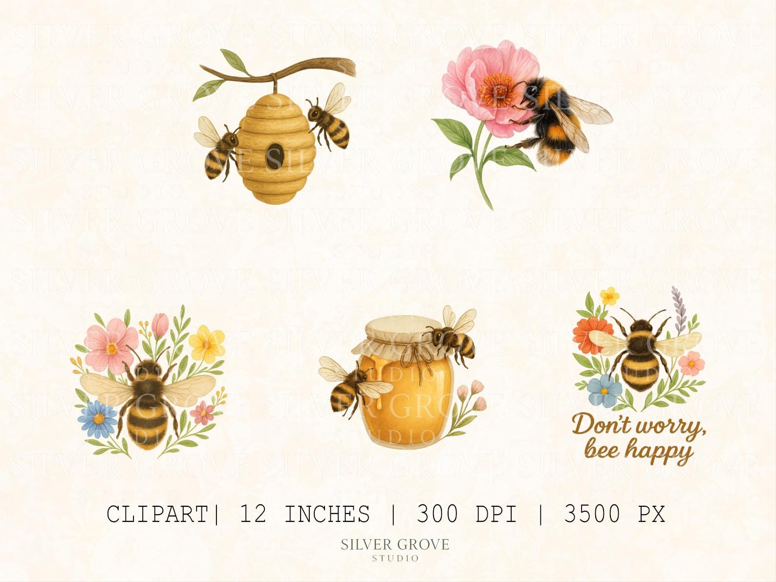 Watercolor Bee Clipart Bundle: Bumblebee & Flower Pngs (instant ...