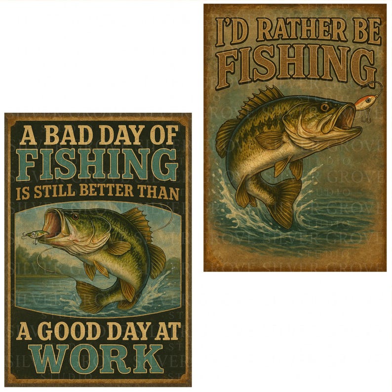 Retro Fishing Signs: Angler Gift, Bass Design (digital Prints ...