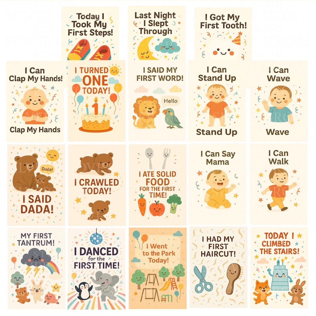 18 Baby Milestone Cards Printable Set. Cute Illustrations for First ...