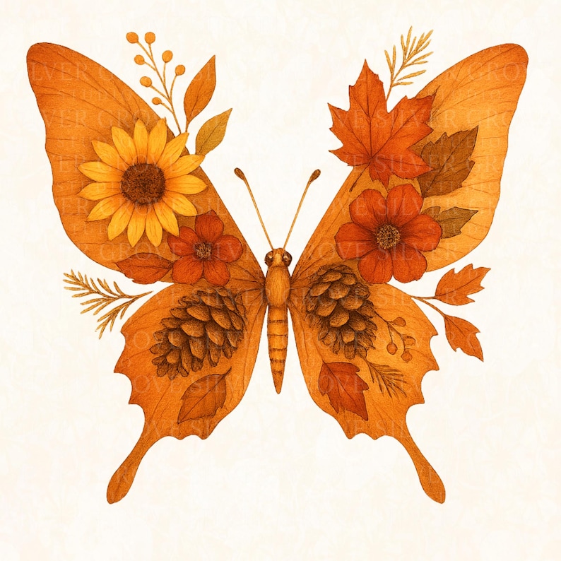 Fall Butterfly Clipart: Watercolor Autumn Floral Wings (digital ...