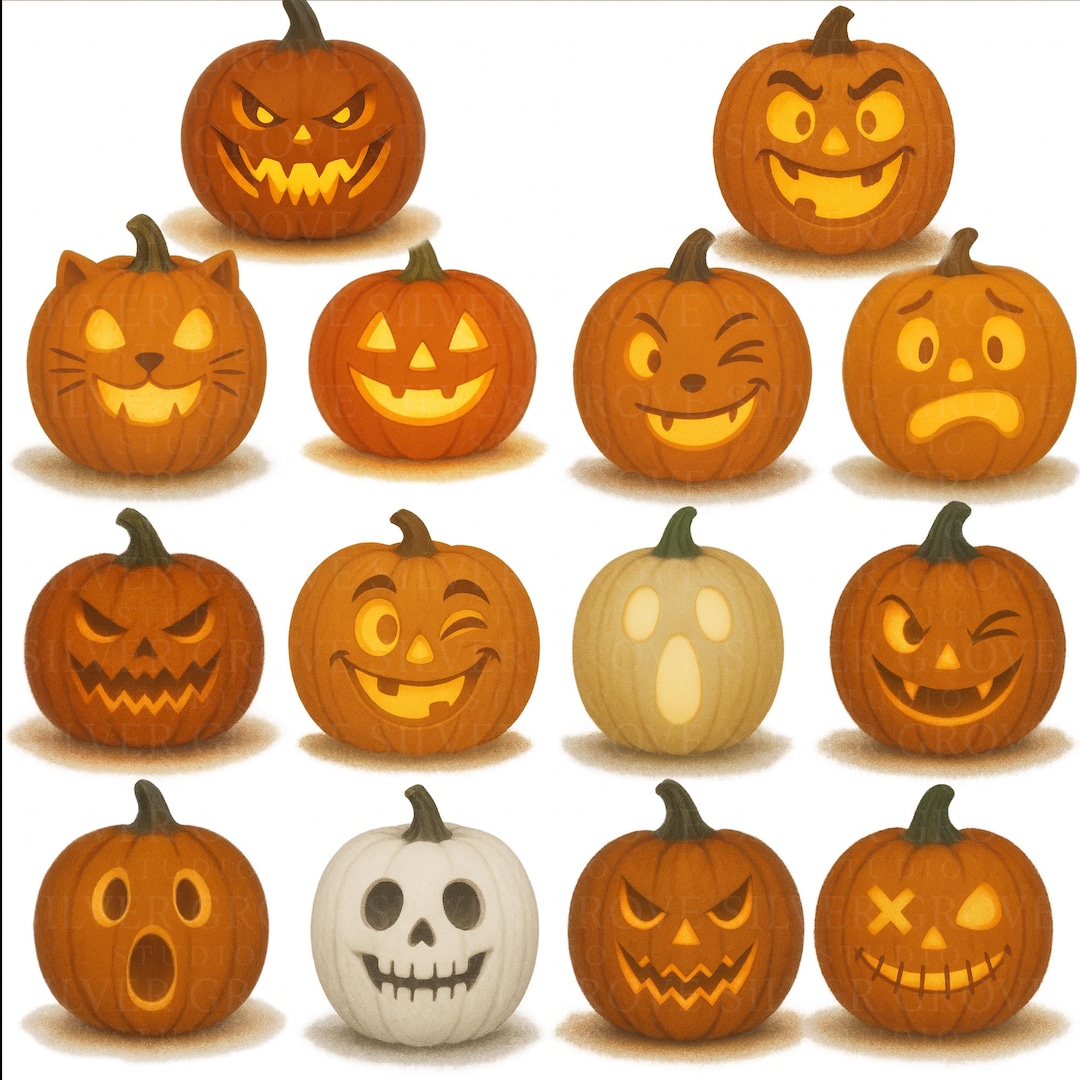 Jack O Lantern Clipart Set, 14 Halloween Pumpkin Faces Pngs, Carved ...