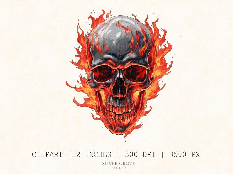 Flaming Skull Clipart: Gothic Fire Skull Illustration (digital Download ...