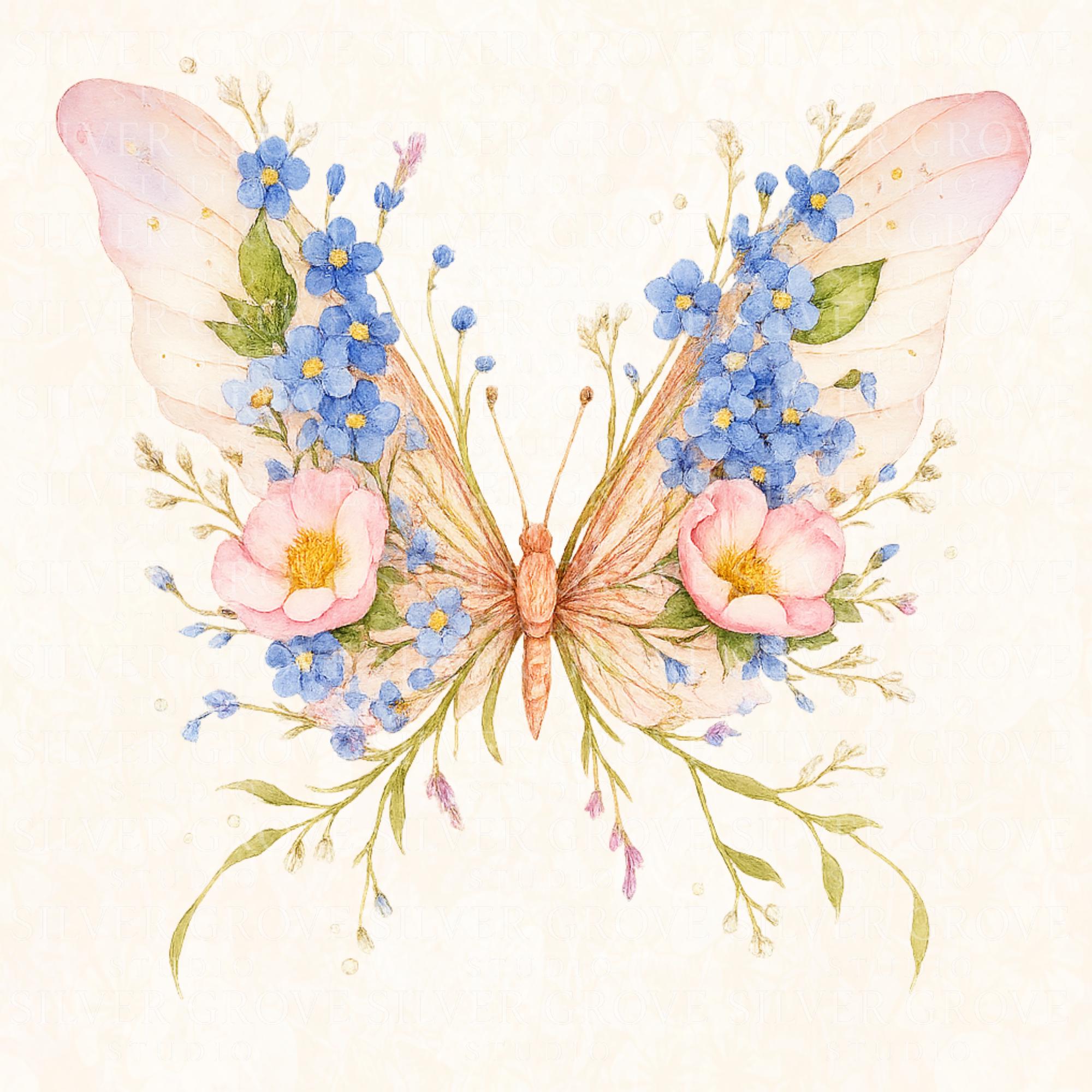 Pastel Butterfly Clipart: Watercolor Floral Wings PNG (digital Download ...