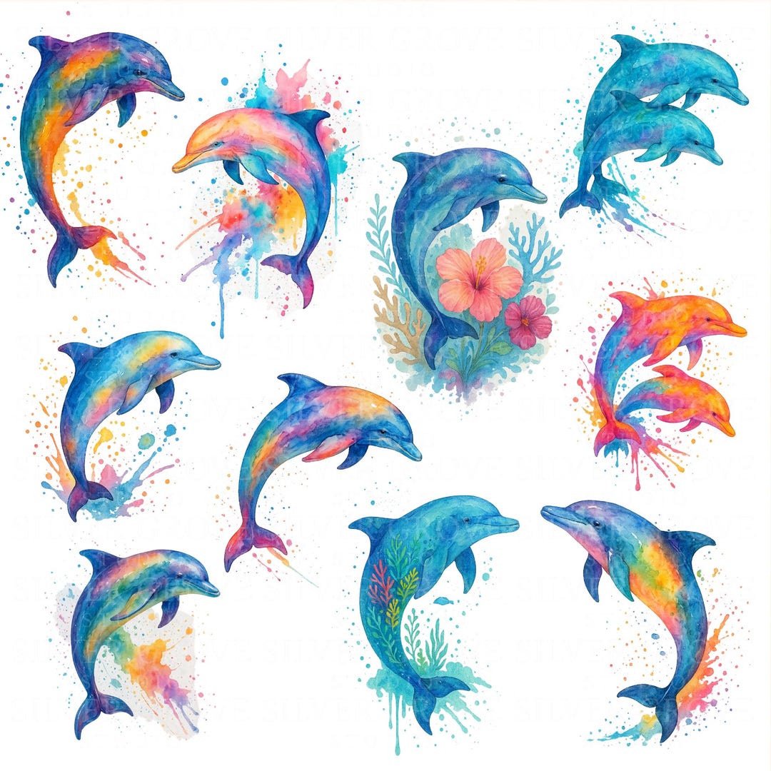 10 Watercolor Dolphin Clipart Set | Ocean Sea Animal Pngs | Tropical ...