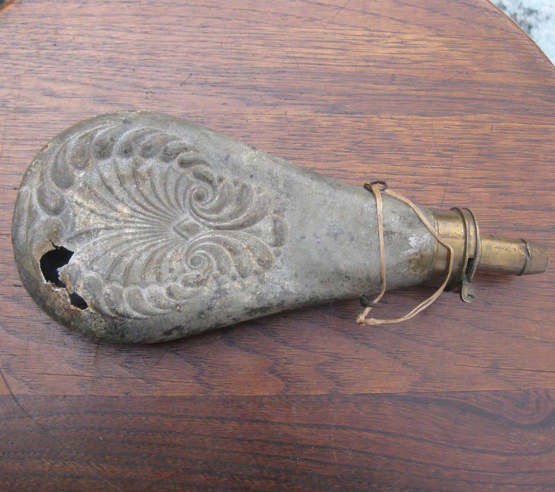 Antique Metal Black Powder Flask for Parts, Repair Poor Condition With ...