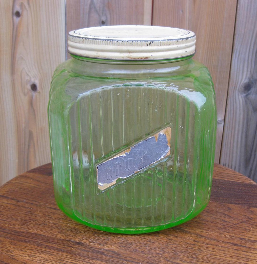 Green Depression Glass Cookie Jar Hoosier Ribbed Canister Country ...