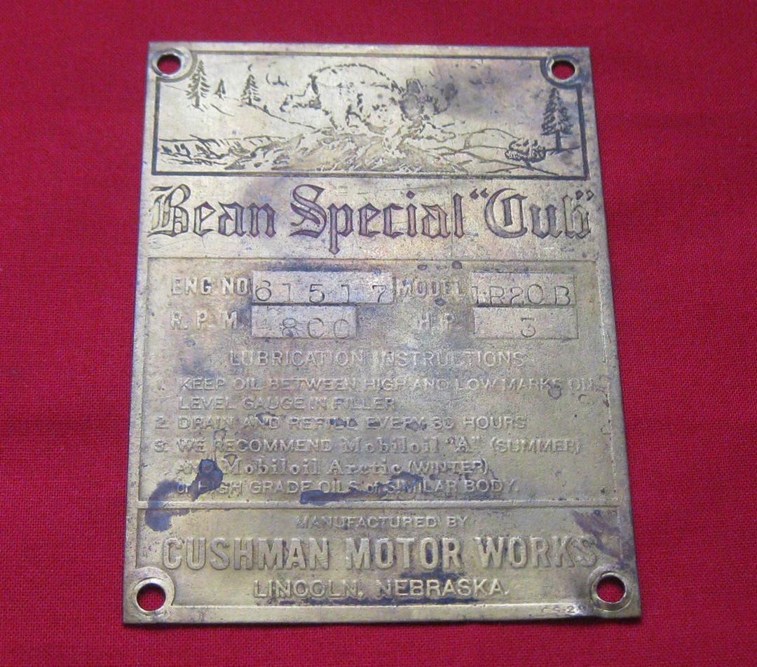 Cushman Motor Works Bean Special Club Name Plate Tag Lincoln Nebraska ...