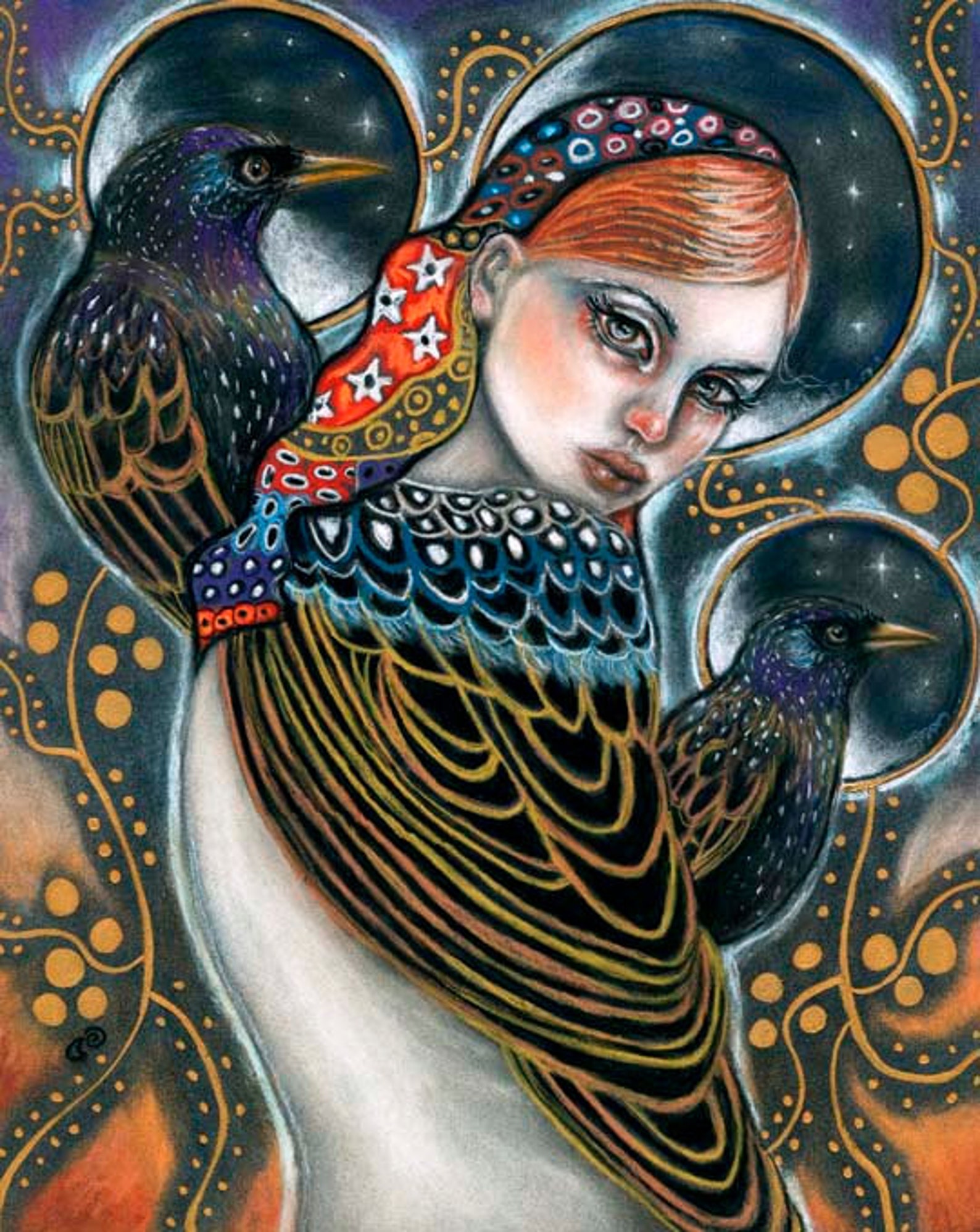 Starling Birds Woman Klimt Inspired Portrait 8x10 Print of - Etsy