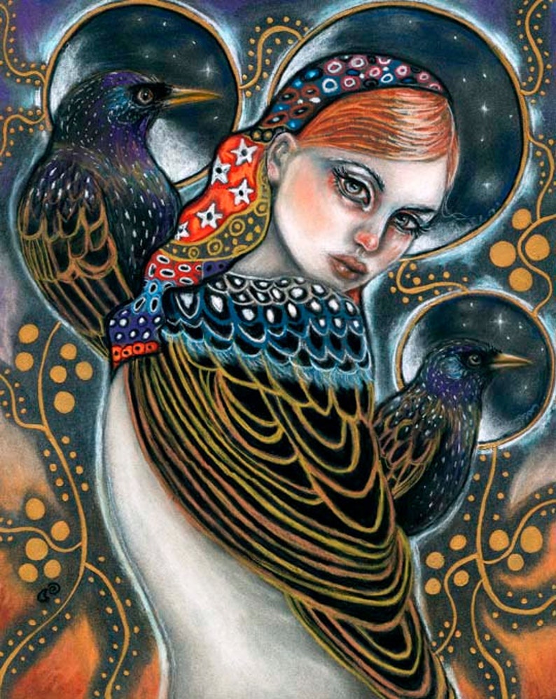 Starling Birds Woman Klimt Inspired Portrait 8x10 Print of Original ...