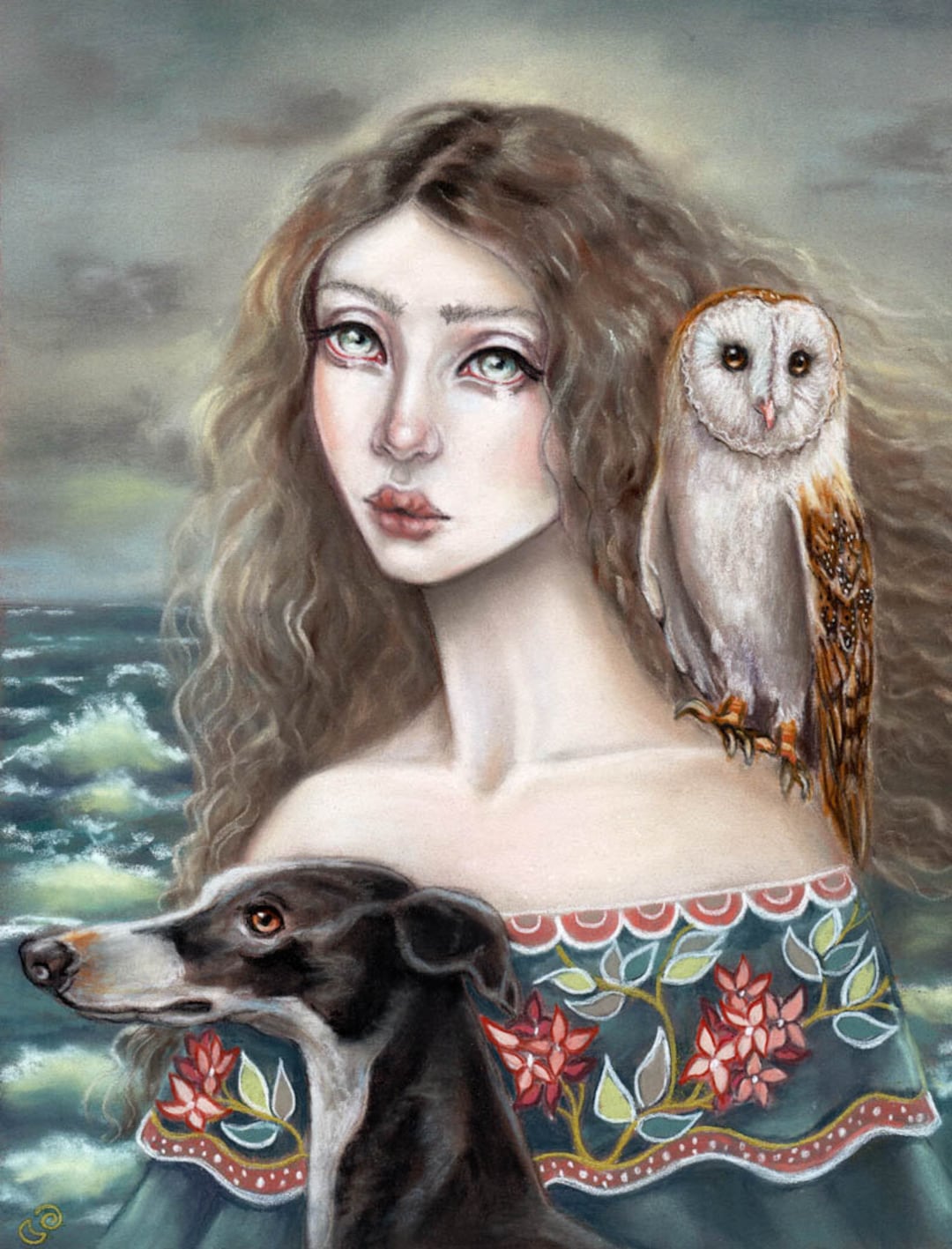 Nehalennia Sea Goddess Barn Owl Greyhound Pagan Fine Art Print - Etsy