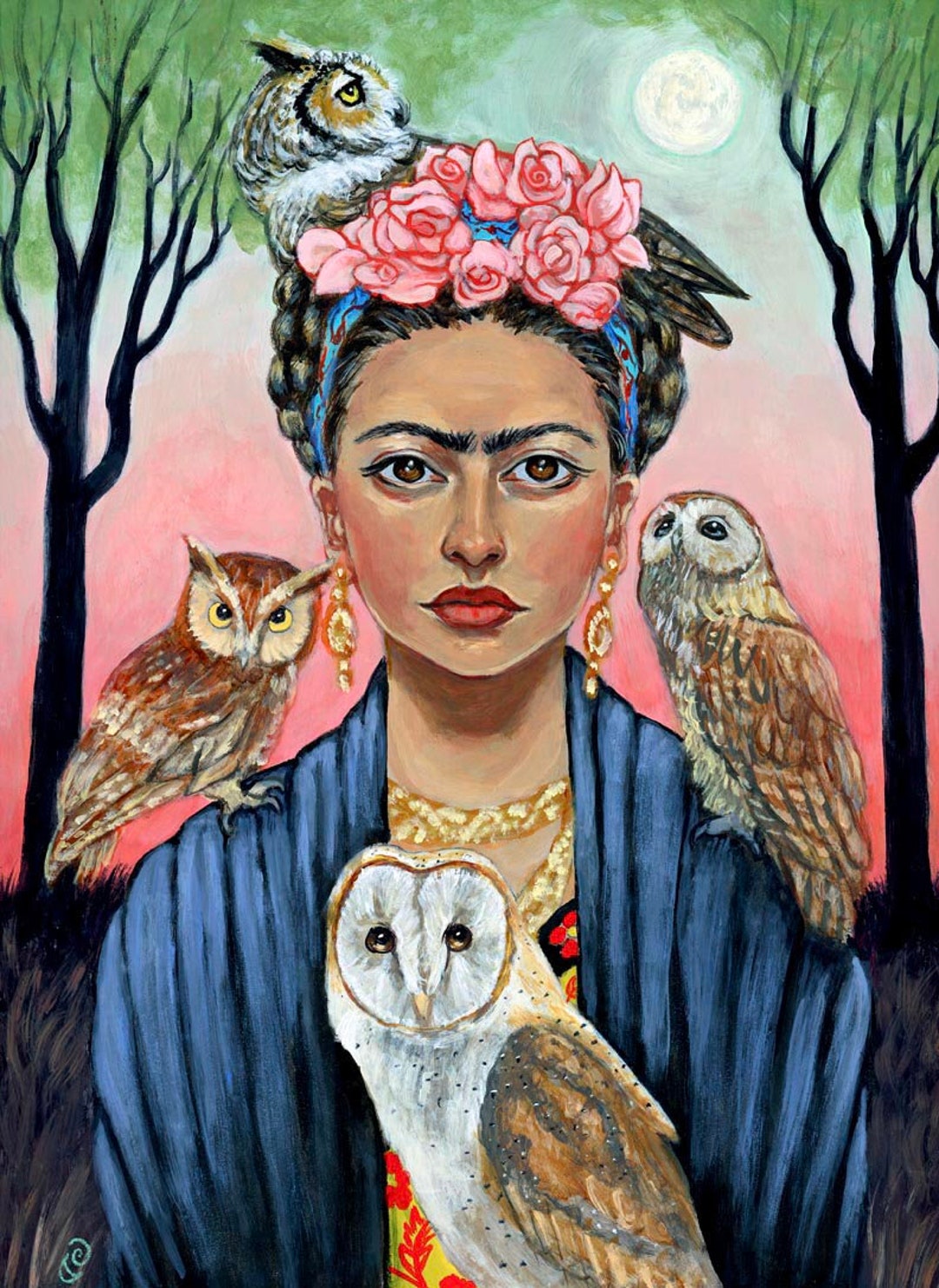 Frida and Owls Pop Surreal Portrait Frida Kahlo Fine Art Print by Tammy ...