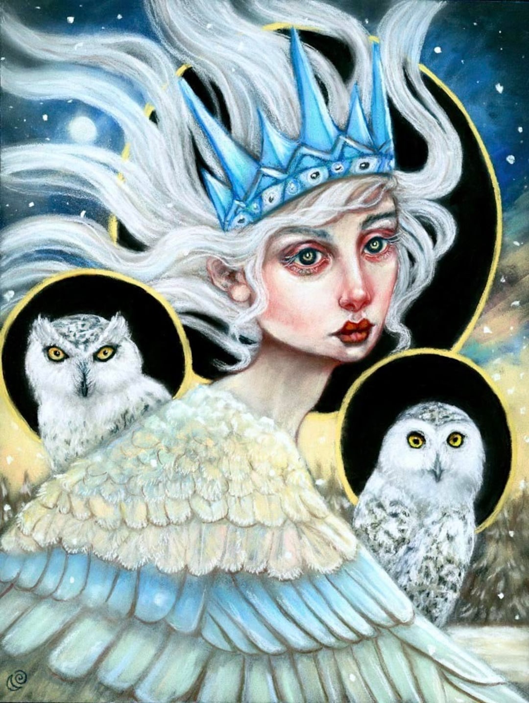 Snow Harpy Winter Owl Goddess Original Soft Pastel by Tammy Wampler - Etsy