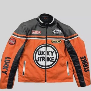 Lucky Strike Orange & Black Motorcycle Riding Gear Cowhide Leather ...