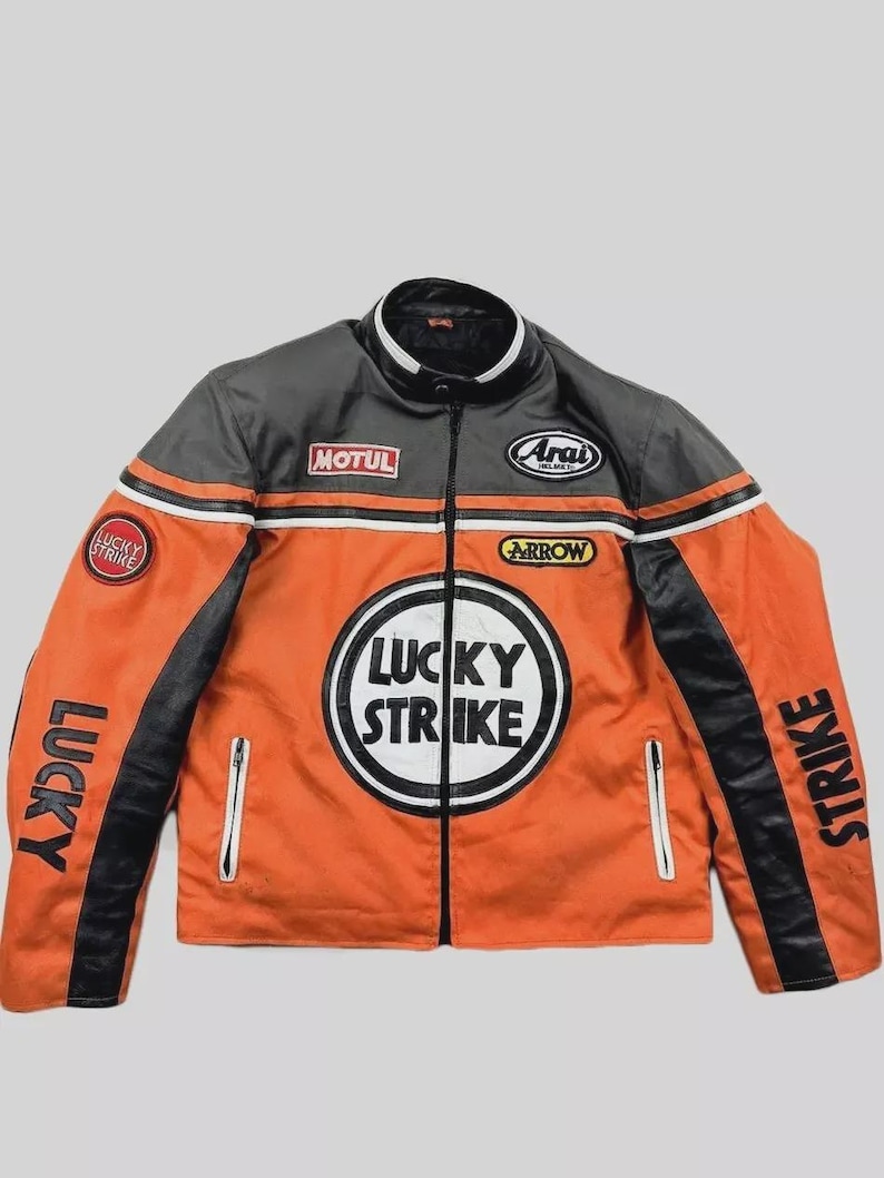 Lucky Strike Orange & Black Motorcycle Riding Gear Cowhide Leather ...