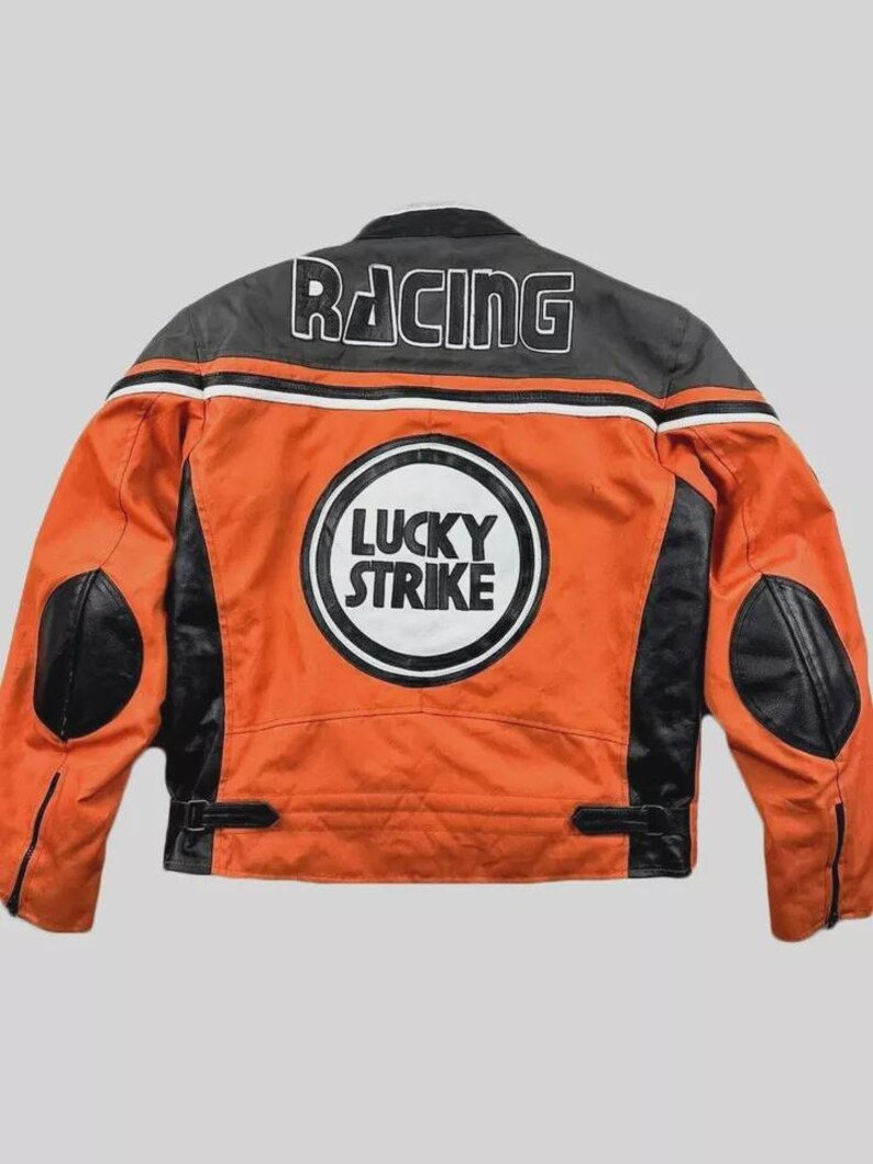 Lucky Strike Orange & Black Motorcycle Riding Gear Cowhide Leather ...