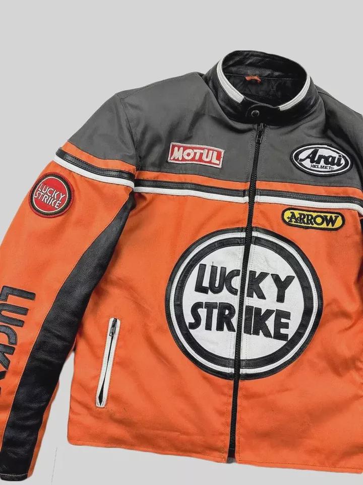 Lucky Strike Orange & Black Motorcycle Riding Gear Cowhide Leather ...