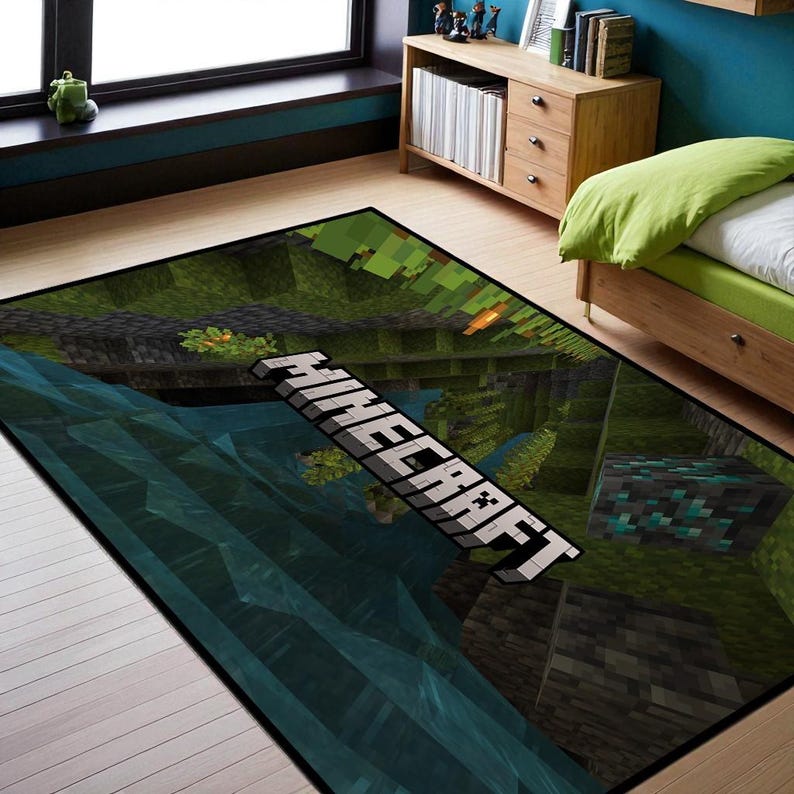 Pixel Cave Adventure Rug | Dark Green Forest and Waterfall Carpet ...