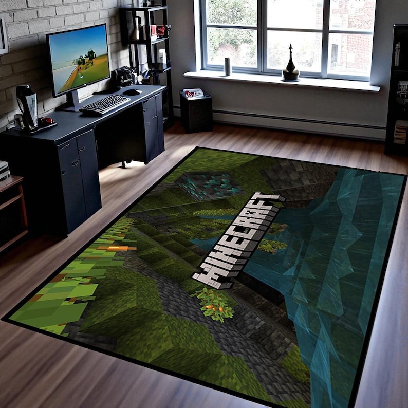 Pixel Cave Adventure Rug | Dark Green Forest and Waterfall Carpet ...