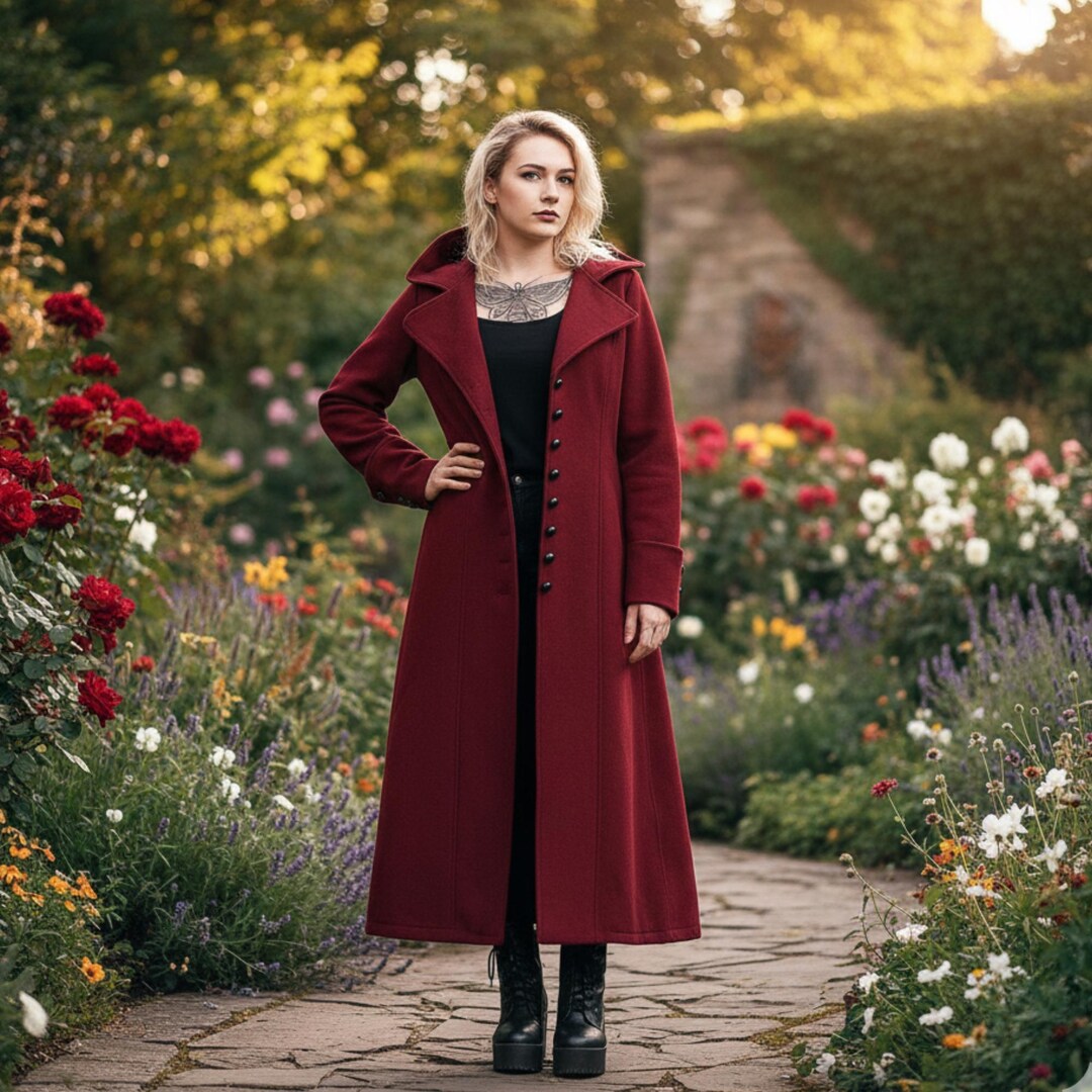 Victorian Burgundy Wool Trench Coat | Gothic Long Coat | Steampunk ...