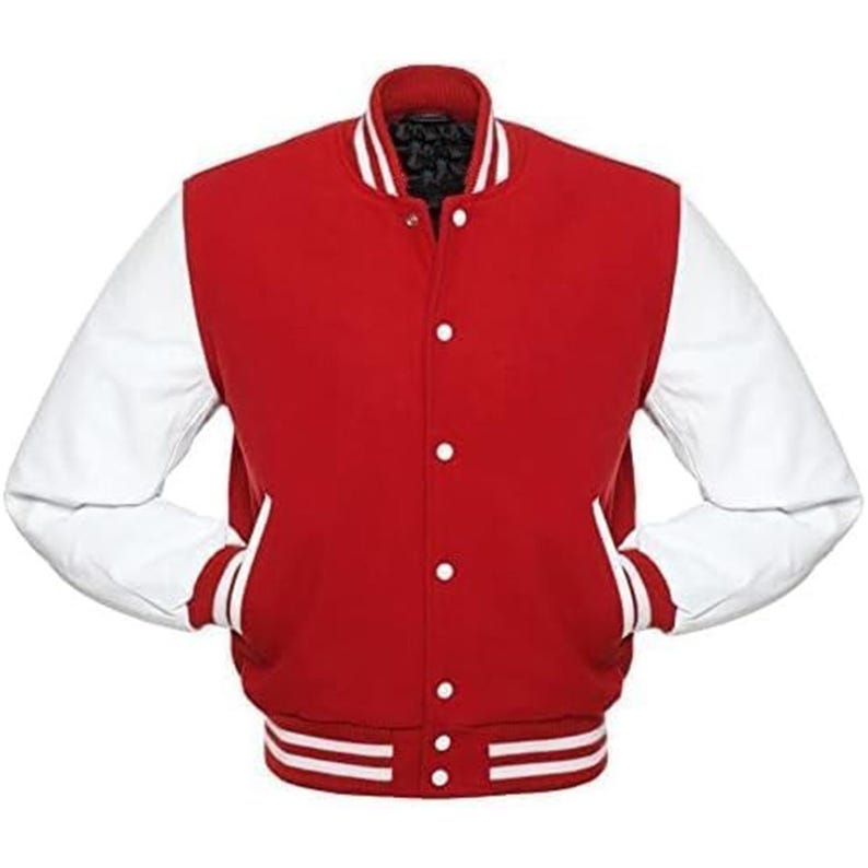 Red Varsity Jacket White Leather Sleeves College Baseball Letterman ...