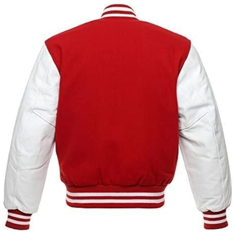 Red Varsity Jacket White Leather Sleeves College Baseball Letterman ...
