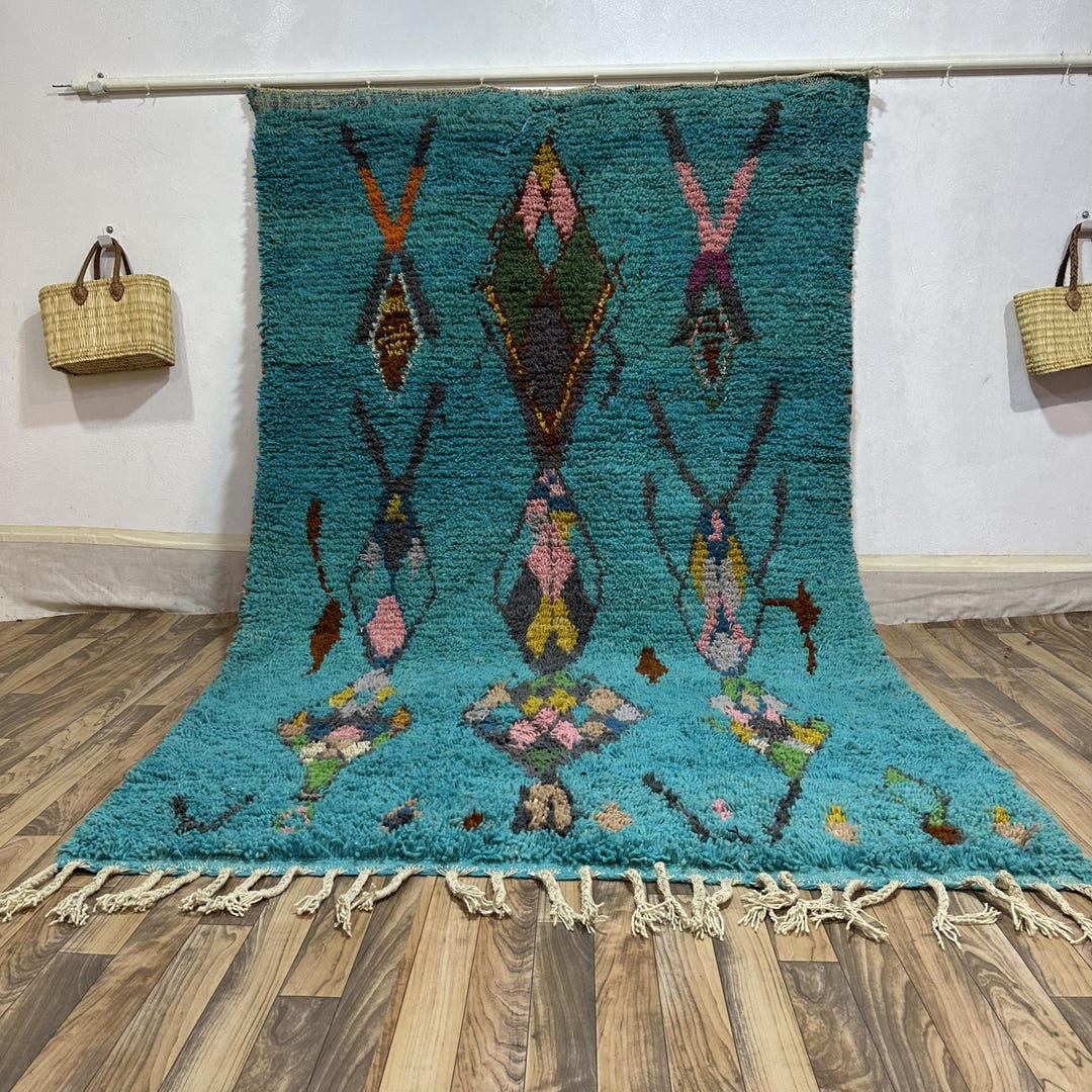 Hand-knotted Teal Moroccan Wool Rug, Bohemian Tribal Carpet - Etsy