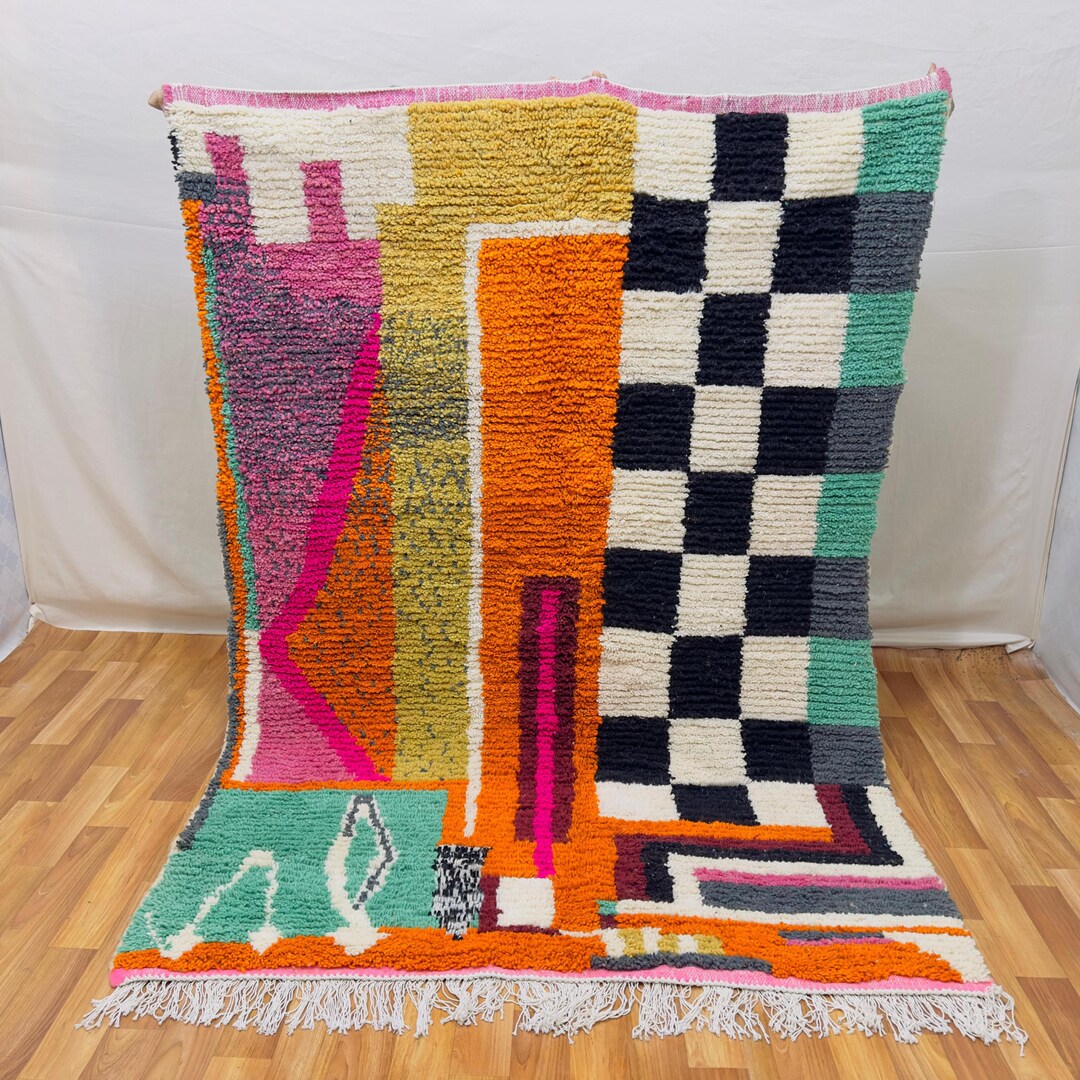 Bold Geometric Moroccan Boujad Rug – Colorful Abstract Handwoven Wool ...