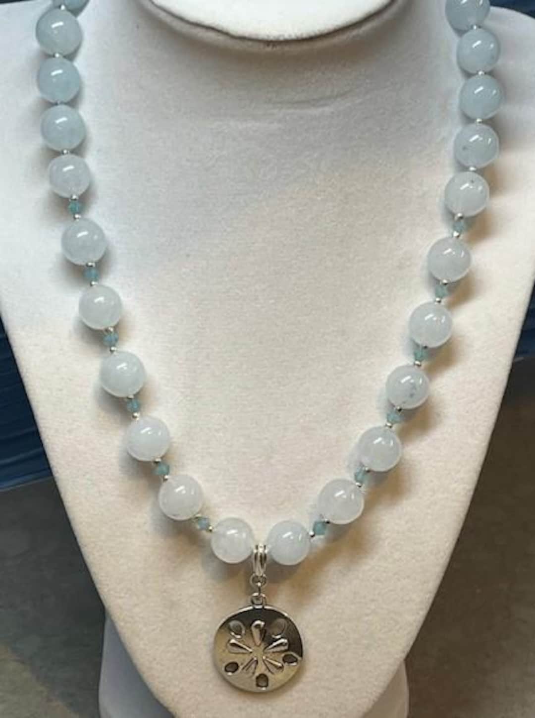 Sand Dollar Pendant, Blue Beads, and Swarovski Crystals Necklace - Etsy
