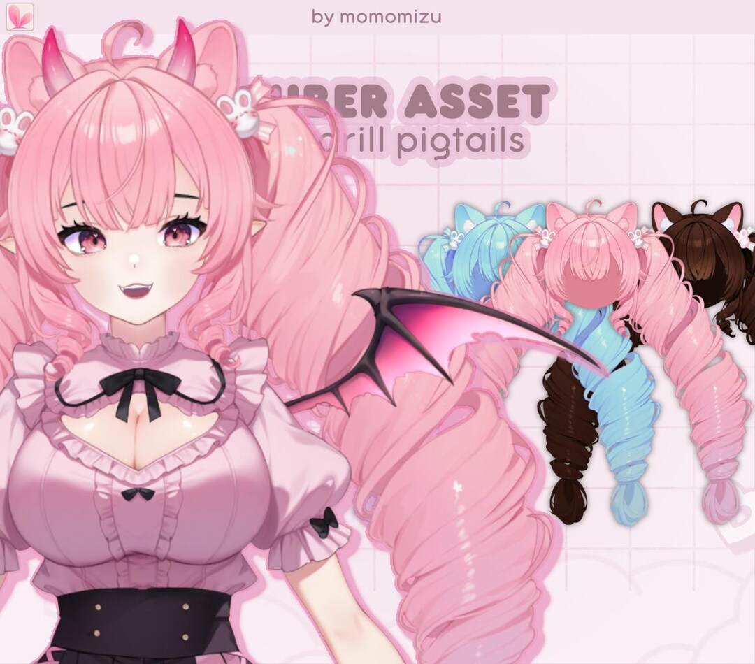 Customizeable Pink Long Drill Pigtails Hair for Vtube Studio ...