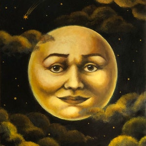 Crescent Moon With Face Print of Original Hand Painted Artwork, Man on ...