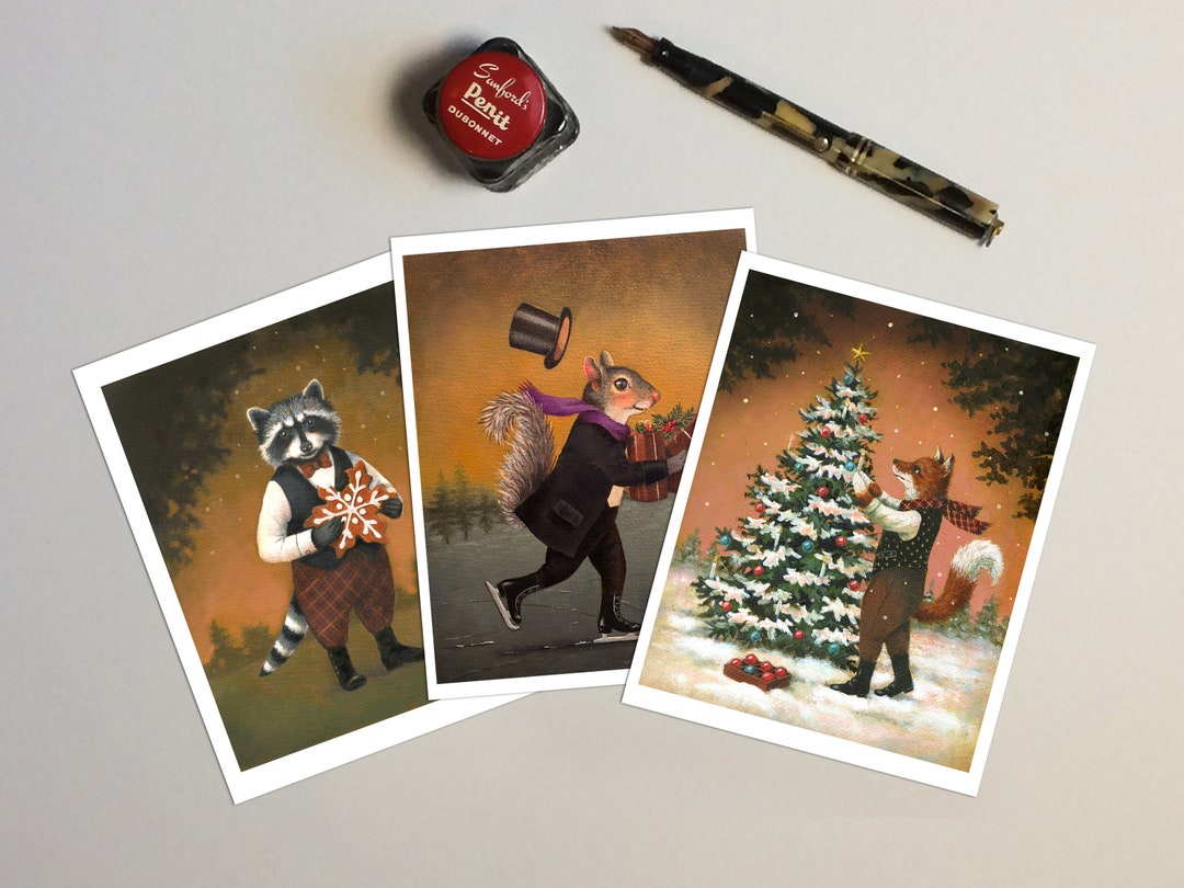 Christmas Animal Cards From Original Artwork - Fox - Squirrel - Raccoon ...
