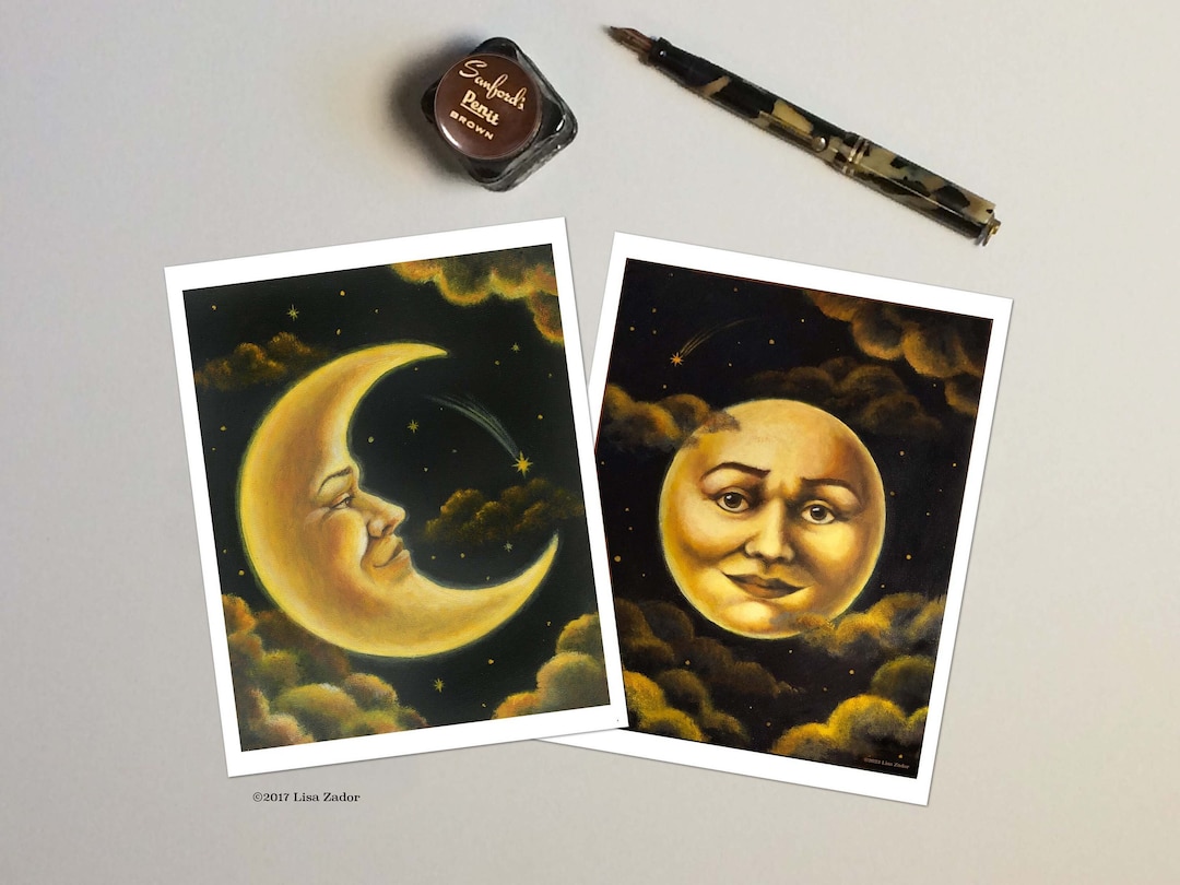 Moon Art Portrait Cards From Original Artwork - Crescent and Full Moon ...